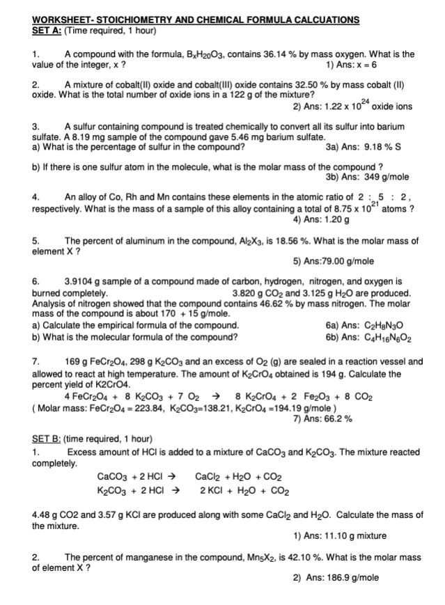 Solved WORKSHEET-STOICHIOMETRY AND CHEMICAL FORMULA | Chegg.com