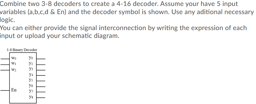 Solved Combine two 3-8 decoders to create a 4-16 decoder. | Chegg.com