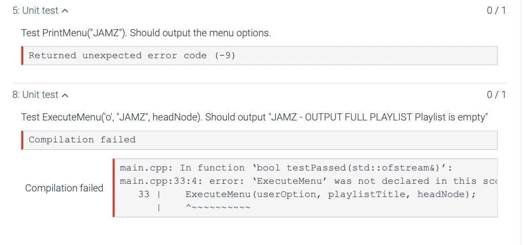 5: Unit test ∧ Test PrintMenu("JAMZ"). Should output | Chegg.com