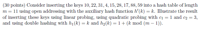 Solved (30 points) Consider inserting the keys 10, 22,31, 4, | Chegg.com