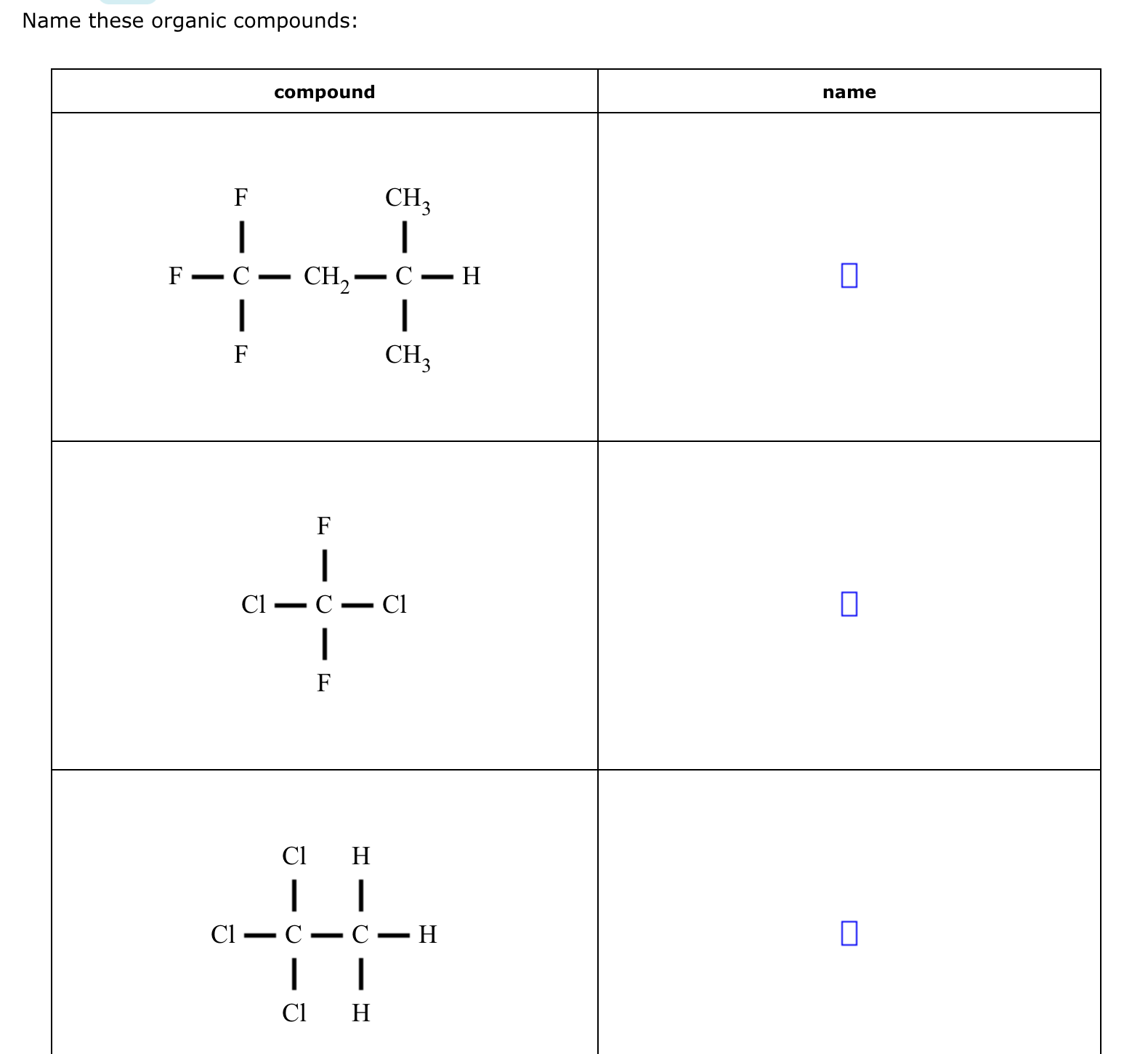 Solved Name these organic compounds: \begin{tabular}{|c|c|} | Chegg.com