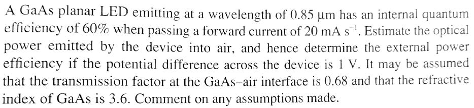 Solved A GaAs planar LED emitting at a wavelength of 0.85 um | Chegg.com