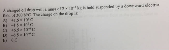 Solved A charged oil drop with a mass of 2 times 10^-4 kg is | Chegg.com