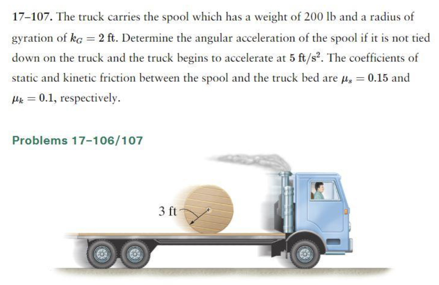 Solved 17-107. The truck carries the spool which has a | Chegg.com