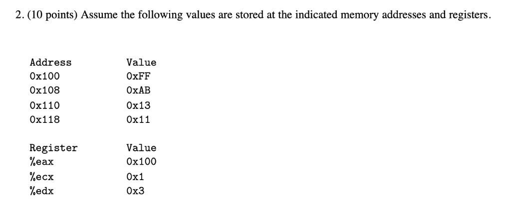 2. (10 points) Assume the following values are stored | Chegg.com