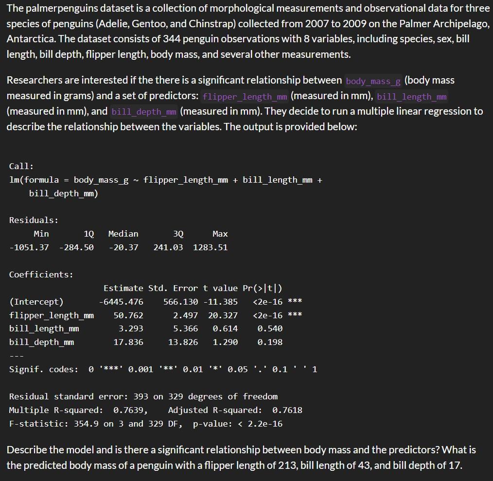 Solved The palmerpenguins dataset is a collection of | Chegg.com