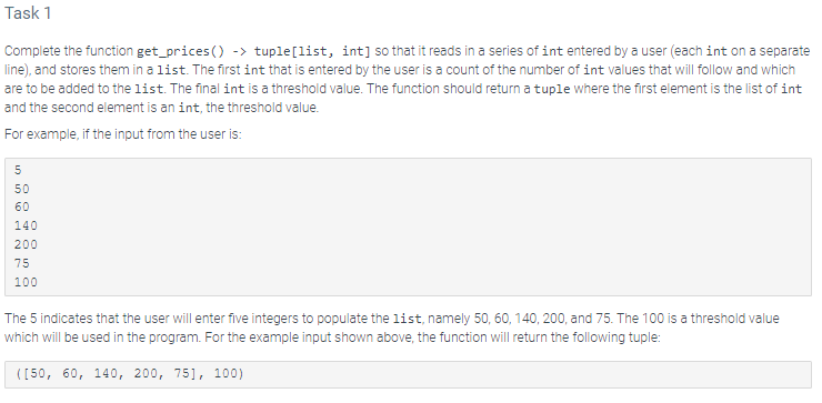 Solved Complete the function get_prices() -> tuple[list, | Chegg.com