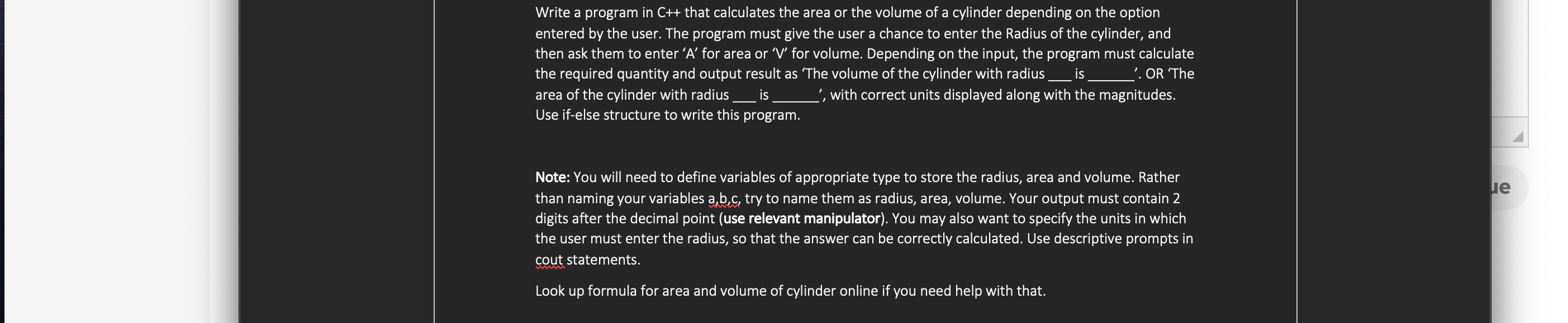 Solved Write a program in C++ that calculates the area or | Chegg.com