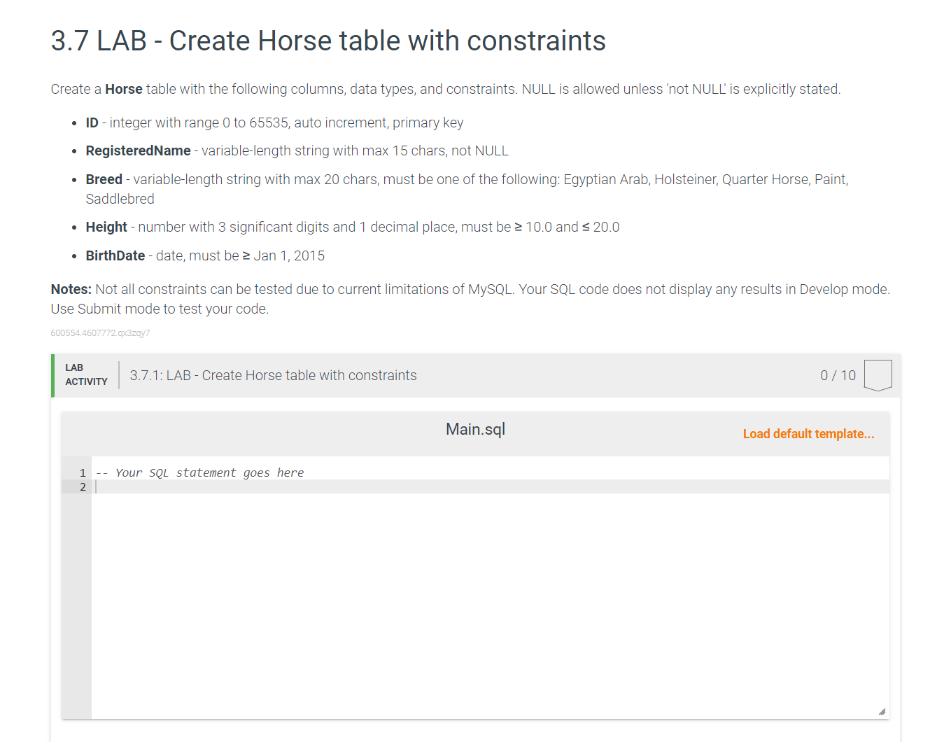 Solved 3.7 ﻿LAB - ﻿Create Horse table with constraintsCreate | Chegg.com