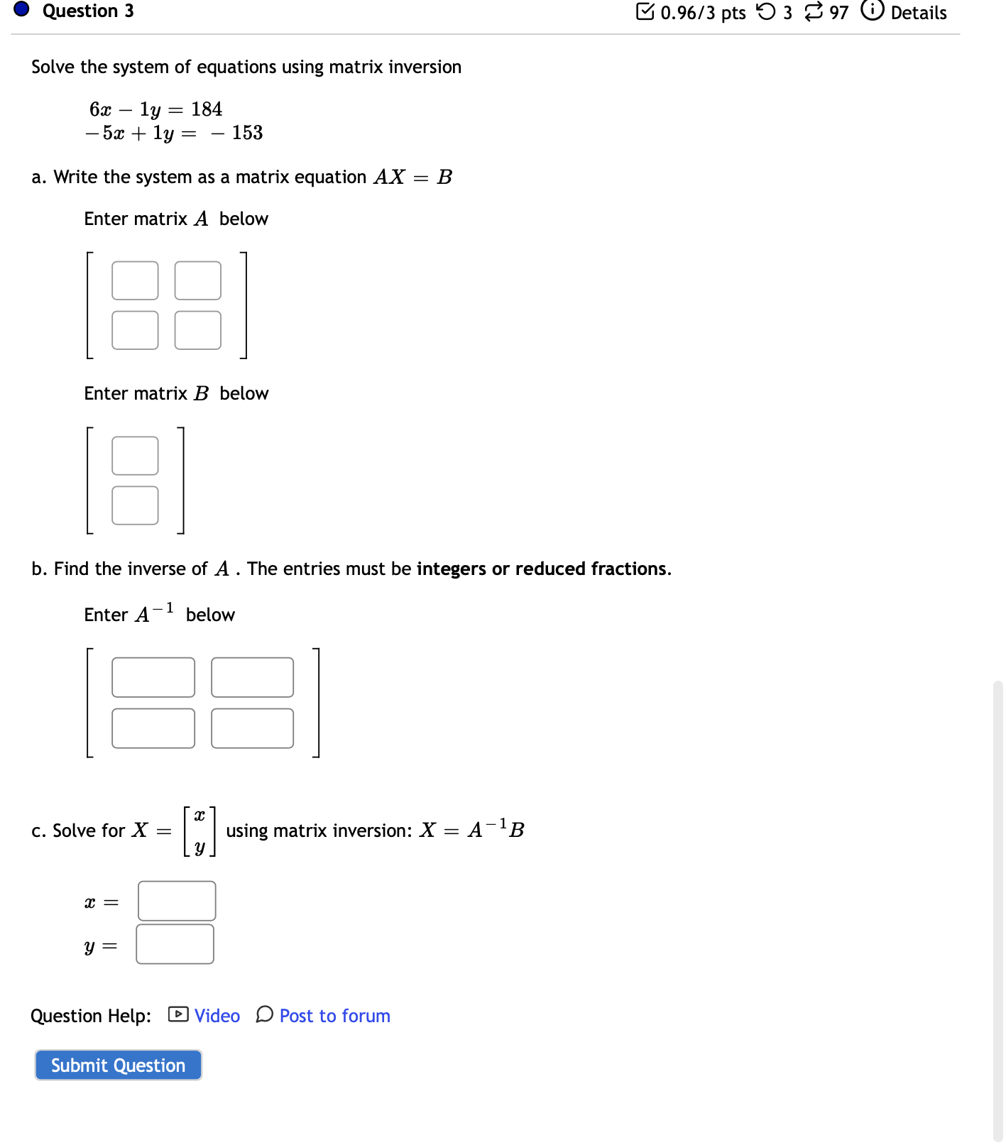 Solved Solve the system of equations using matrix inversion | Chegg.com