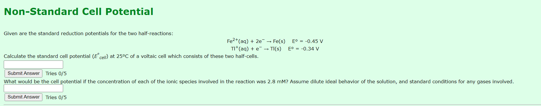 Solved Non-Standard Cell Potential Given are the standard | Chegg.com