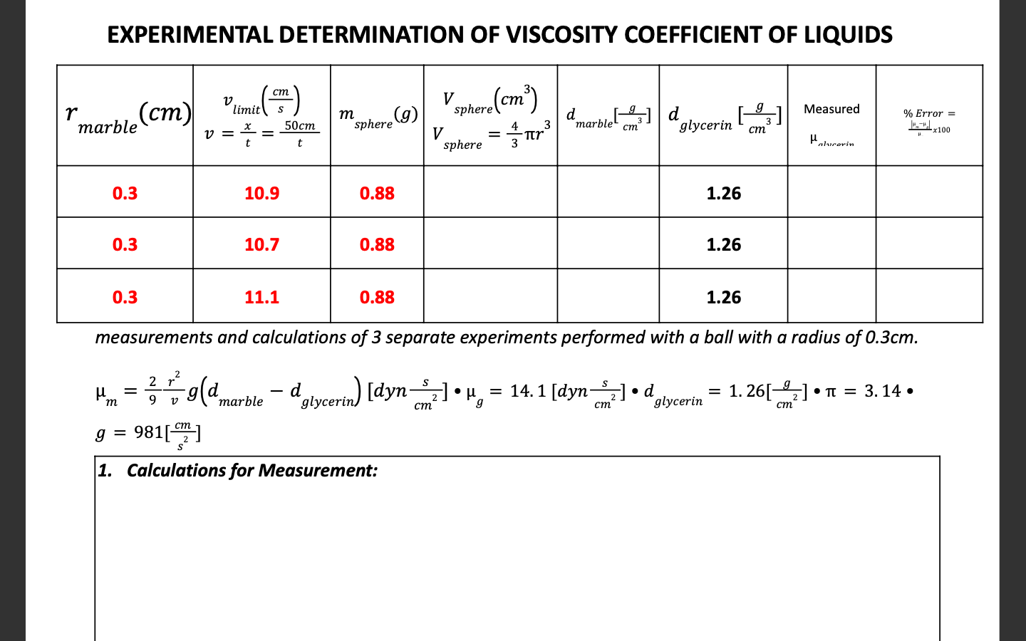 Solved EXPERIMENTAL DETERMINATION OF VISCOSITY COEFFICIENT | Chegg.com