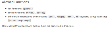 Solved Allowed Functions list functions: append() string | Chegg.com
