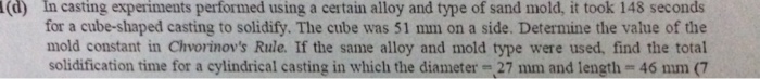 Solved In casting experiments performed using a certain | Chegg.com