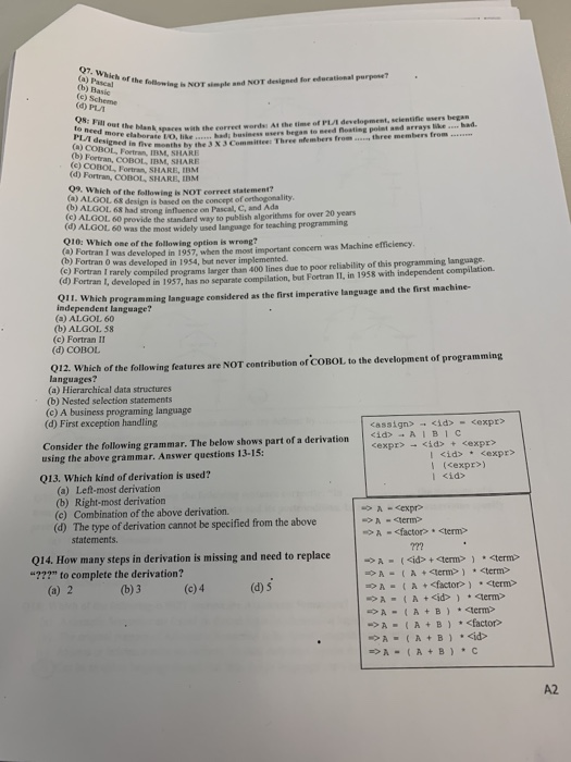 Solved 7. Which of (a) Pascal (b) Basic (e) Scheme (a) PLA | Chegg.com