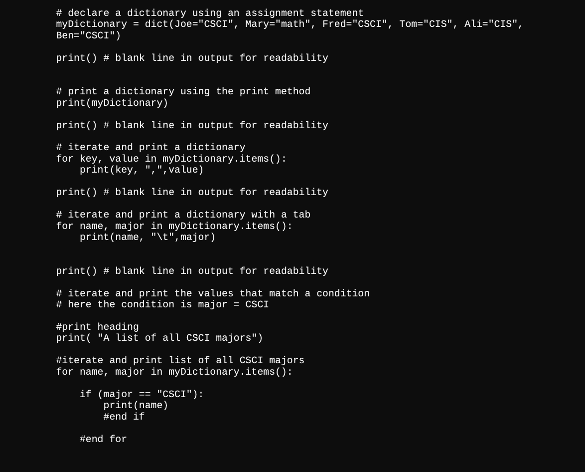 Solved # declare a dictionary using an assignment statement | Chegg.com