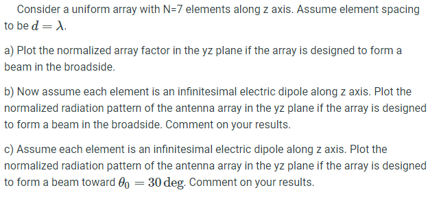 Solved Consider a uniform array with N=7 elements along z | Chegg.com