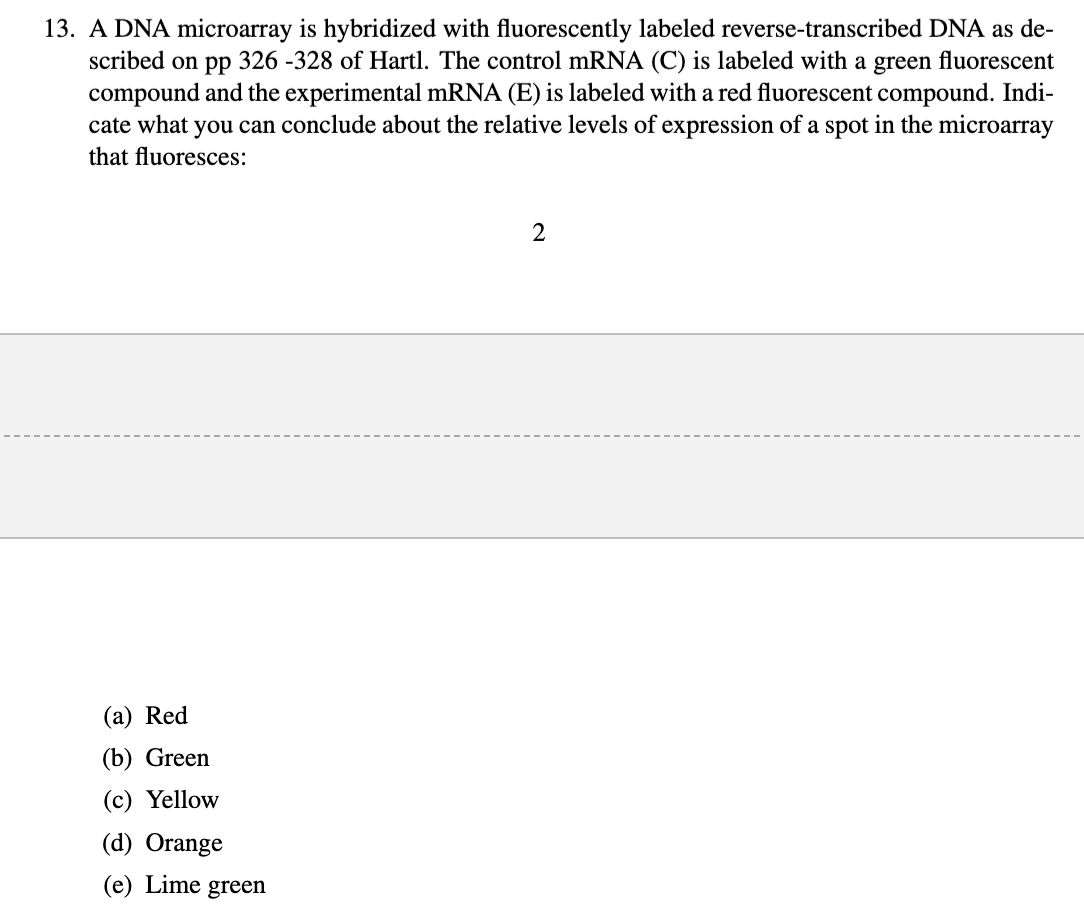 Solved 13. A DNA microarray is hybridized with fluorescently | Chegg.com