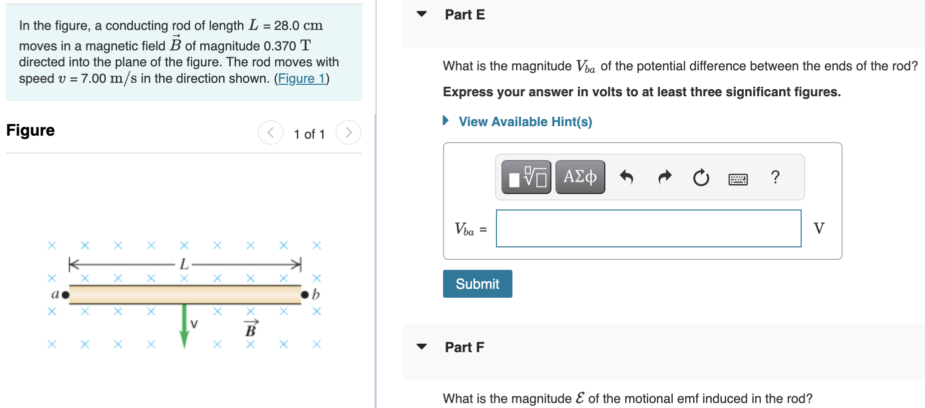 Solved Part E In the figure, a conducting rod of length | Chegg.com