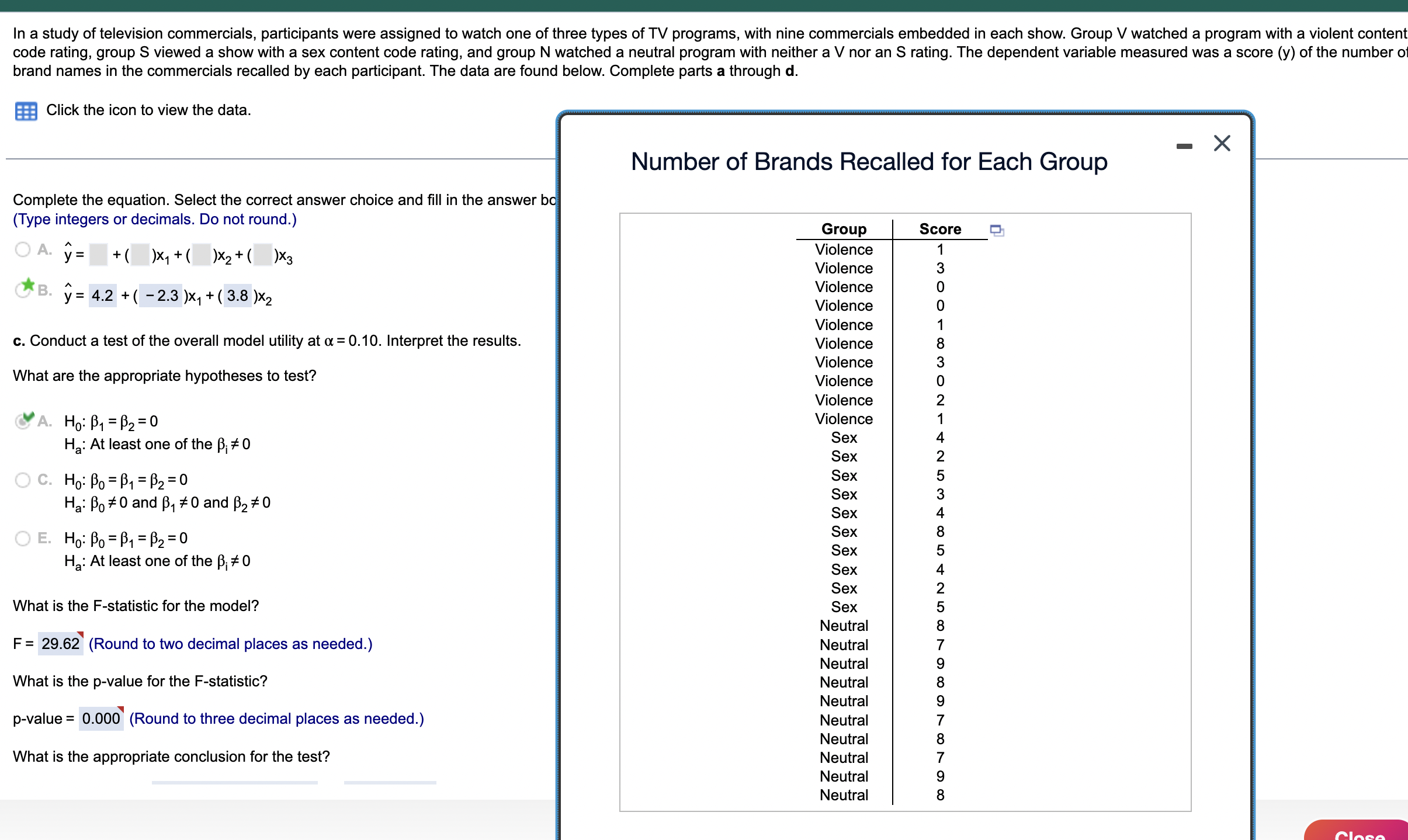 Show how to find the equation, f-stat and p-value | Chegg.com