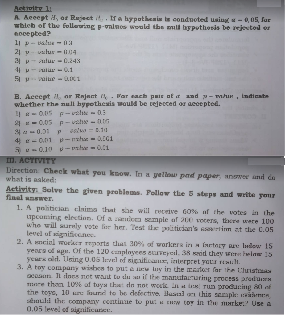 Solved Activity 1: A. Accept Ho or Reject Ho. If a | Chegg.com