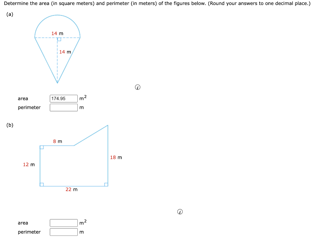 Solved Determine the area in square meters) and perimeter | Chegg.com