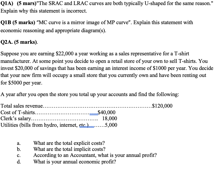 Solved 11 Q1A) (5 mars)"The SRAC and LRAC curves are both | Chegg.com