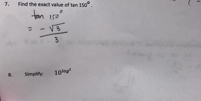 Solved 7. Find the exact value of tan 150° n so 多 3 8. | Chegg.com