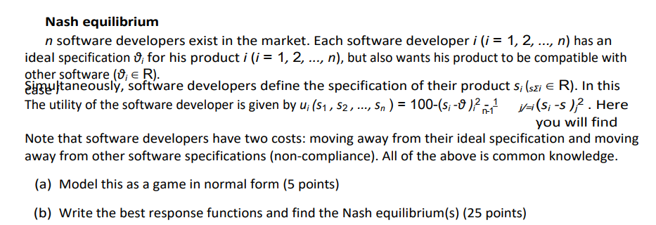 Nash equilibrium n software developers exist in the | Chegg.com