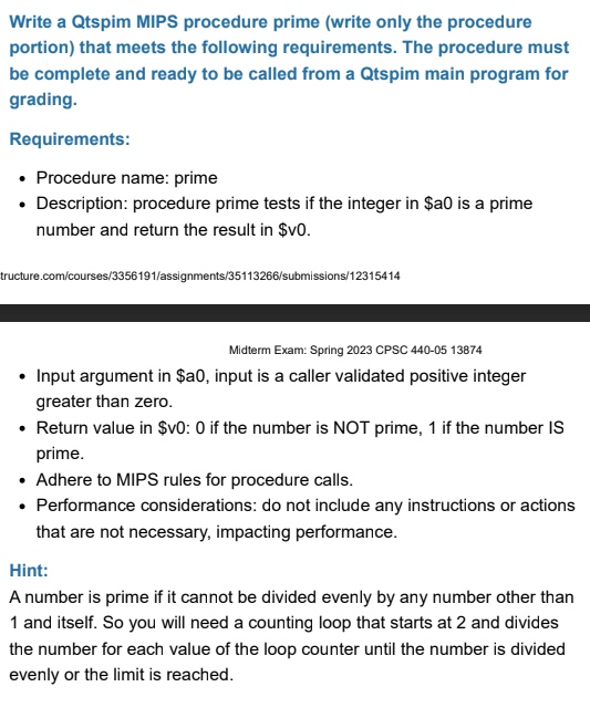 Solved Write a Qtspim MIPS procedure prime (write only the | Chegg.com Solved Write a Qtspim MIPS procedure prime (write only the | Chegg.com