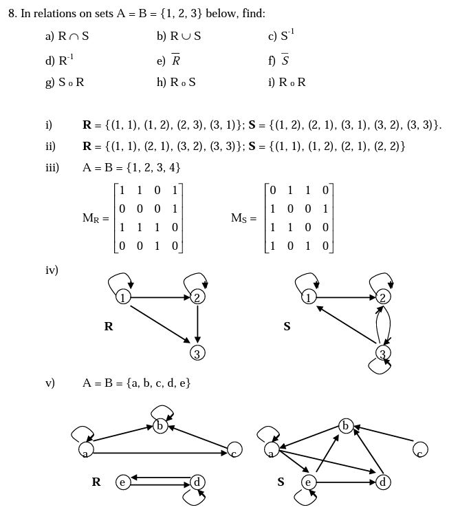 Solved In relations on sets A=B={1,2,3} below, find: a) R∩S | Chegg.com