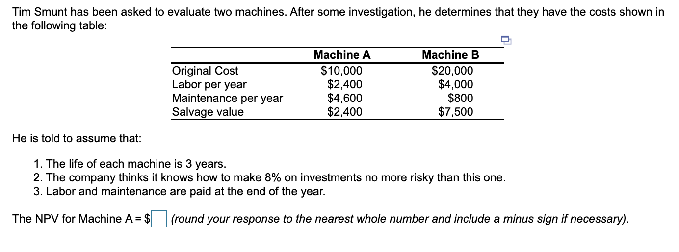 Solved Tim Smunt has been asked to evaluate two machines. | Chegg.com