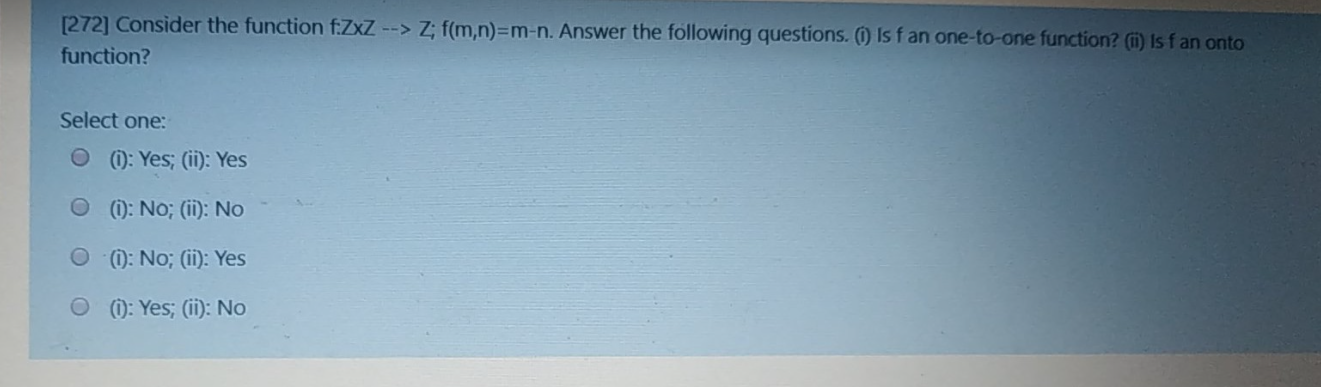 Solved [272] Consider the function f.ZxZ --> Z; f(m,n)=m-n. | Chegg.com
