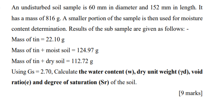 Solved An undisturbed soil sample is 60 mm in diameter and | Chegg.com
