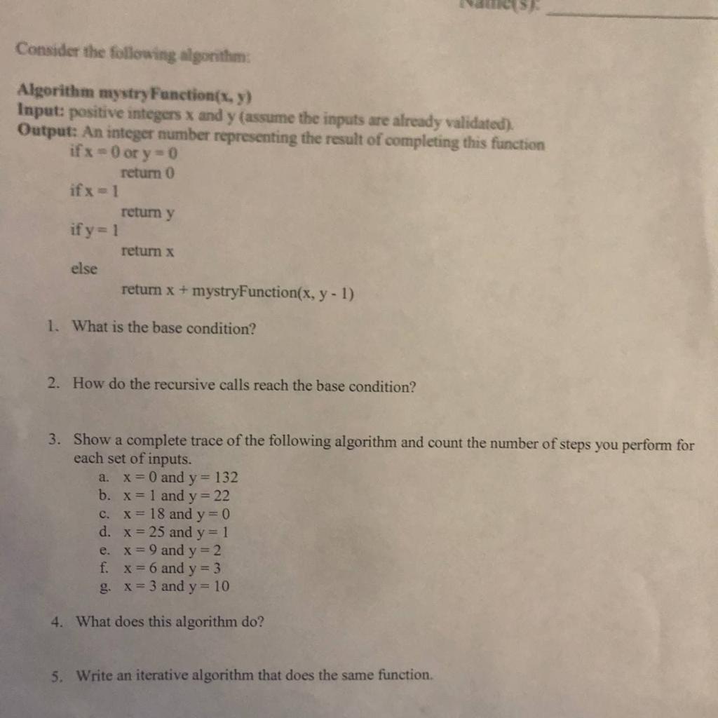 Solved S Consider the following algorithm Algorithm mystry | Chegg.com