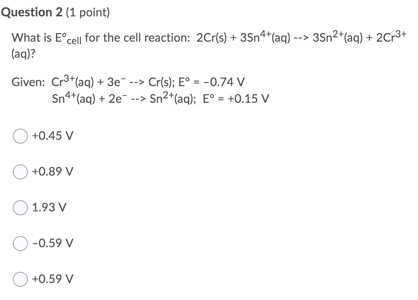 Solved Question 2 (1 point) What is Eºcell for the cell | Chegg.com