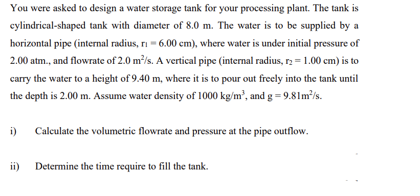 Solved You were asked to design a water storage tank for | Chegg.com