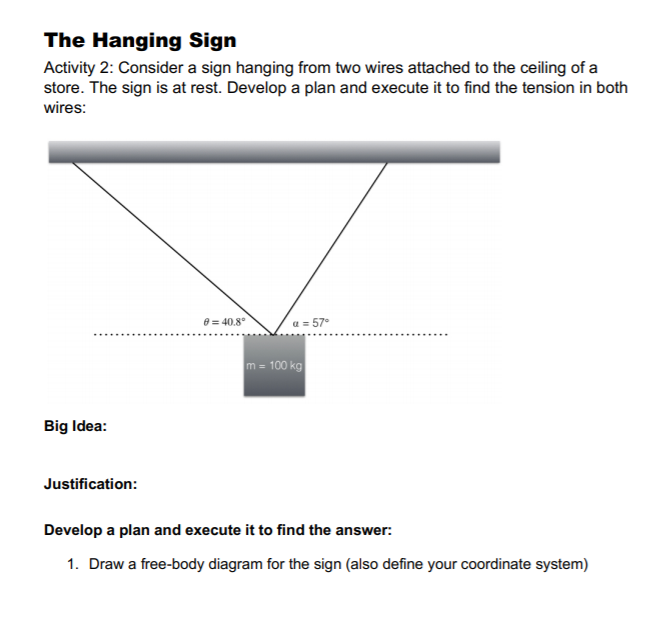 Solved The Hanging Sign Activity 2: Consider a sign hanging | Chegg.com