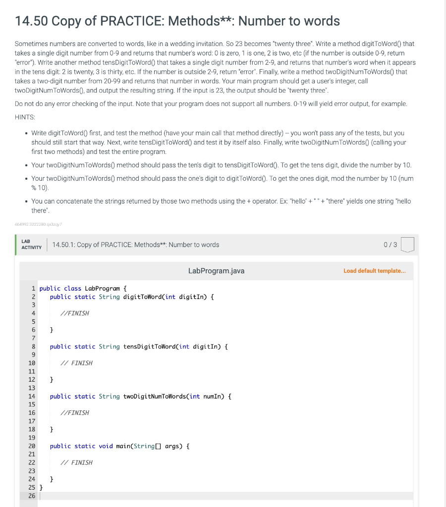 Solved 14.50 Copy of PRACTICE: Methods ⋆∗ : Number to words | Chegg.com