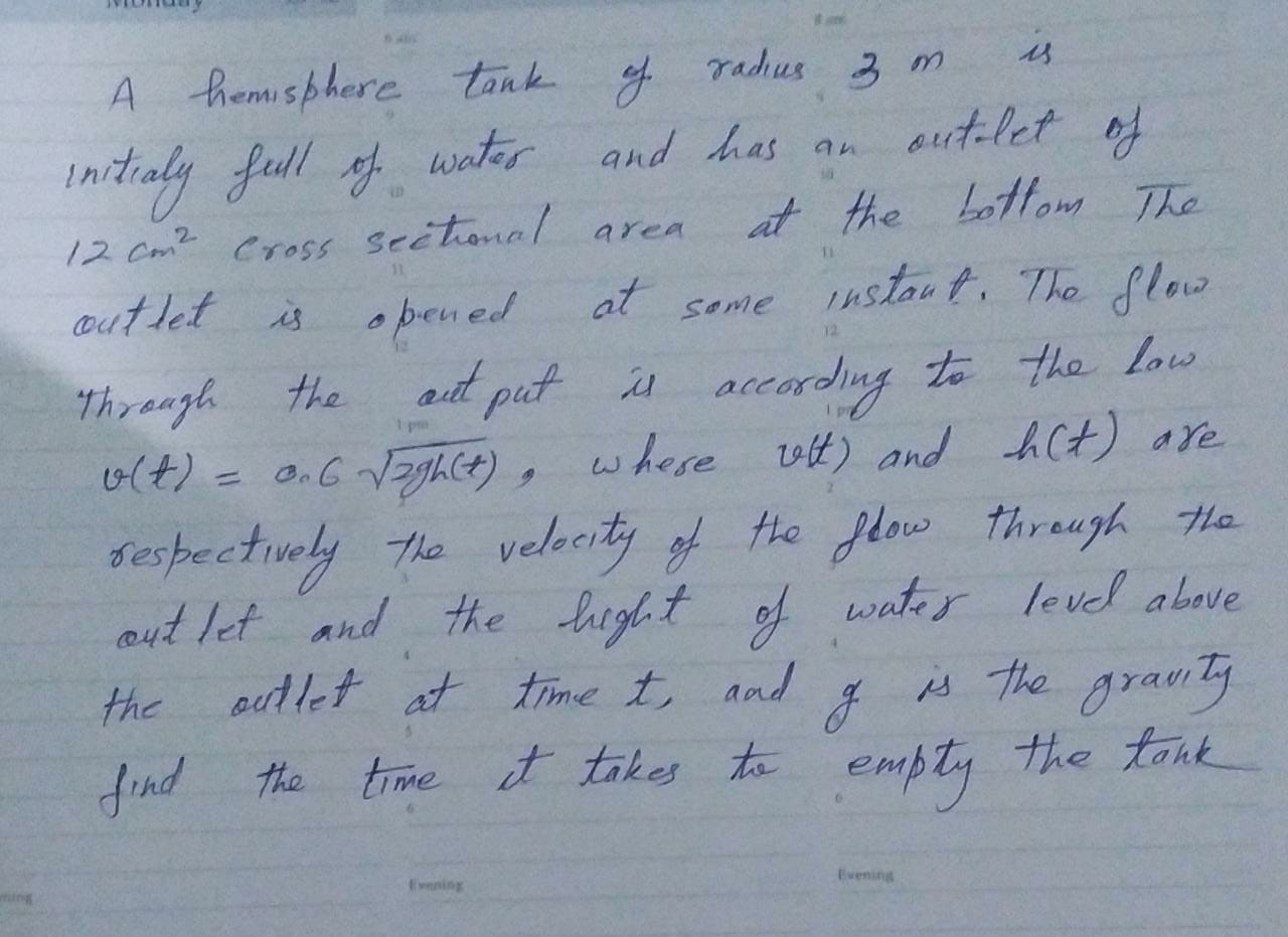 Solved A hemisphere tank of rachus 3 m initially full of | Chegg.com