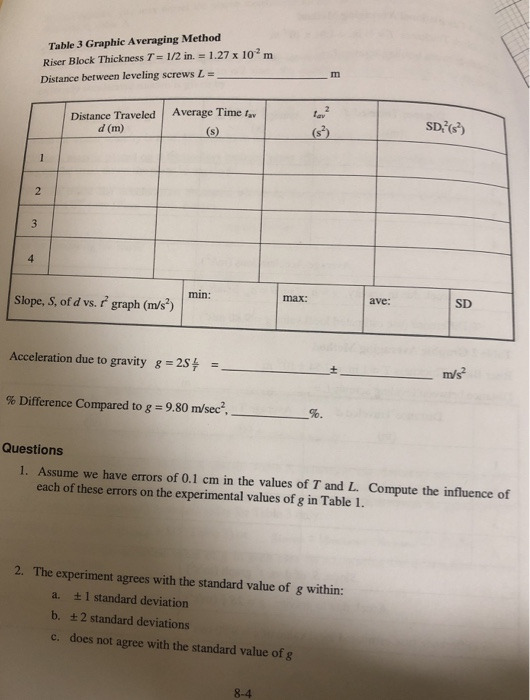 Experiment 8 Acceleration Due to Gravity Using the | Chegg.com