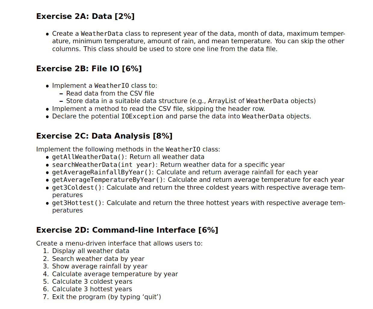 Solved Exercise 2A: Data [2\%] - ﻿Create a WeatherData class | Chegg.com