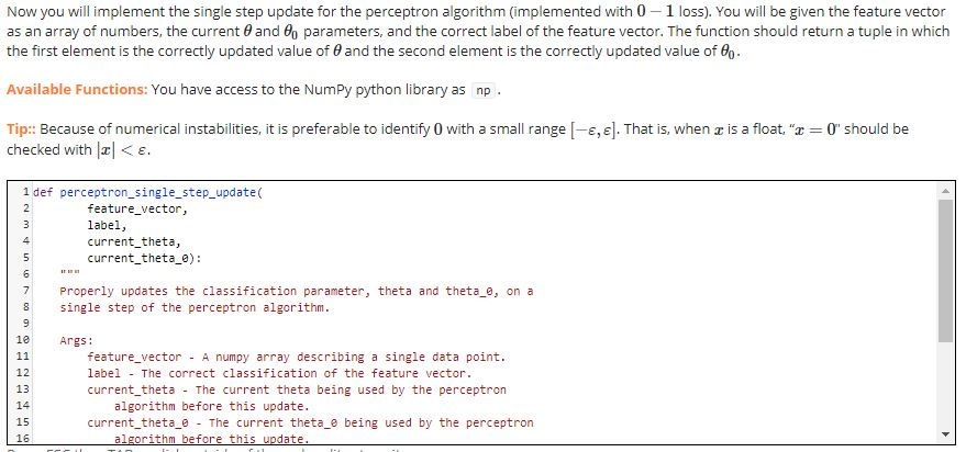 (Solved) : Implement Single Step Update Perceptron Algorithm ...