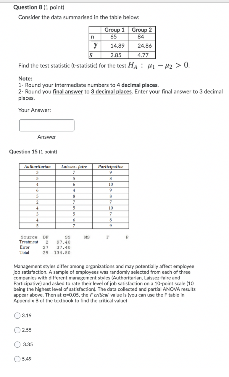 Solved Question 8 (1 point) Consider the data summarised in | Chegg.com