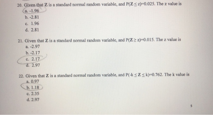 Solved 20. Given that Z is a standard normal random | Chegg.com