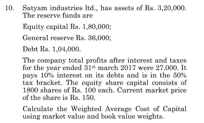 Solved Satyam industries ltd., has assets of Rs. 3,20,000. | Chegg.com