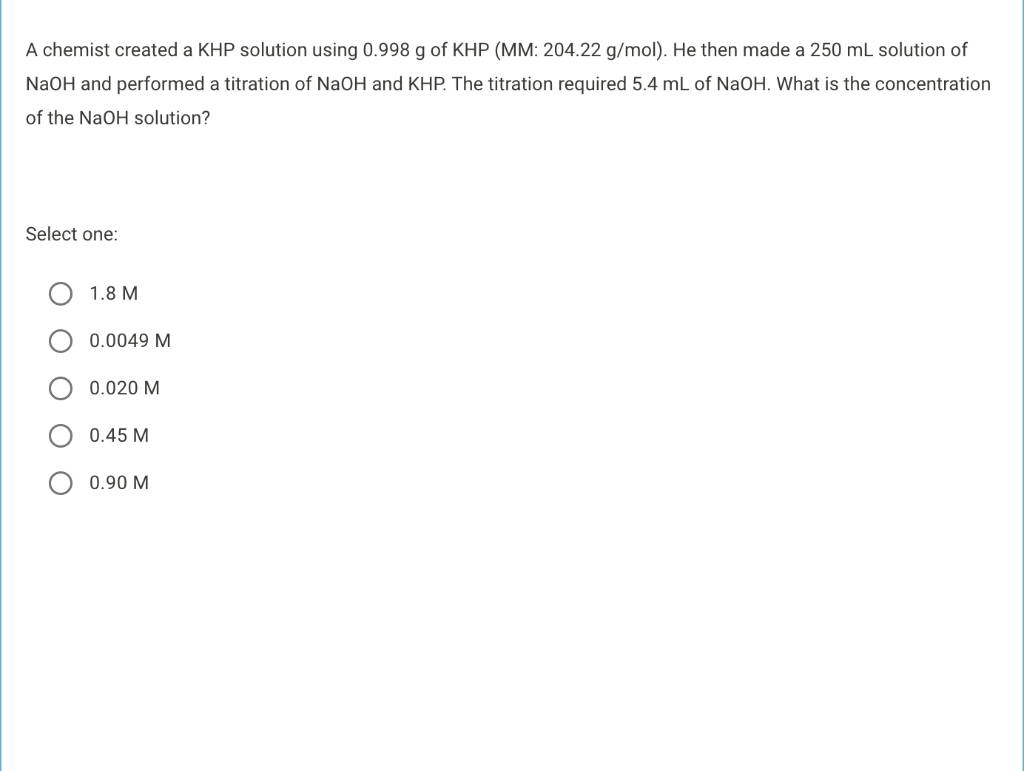Solved A chemist created a KHP solution using 0.998 g of KHP | Chegg.com