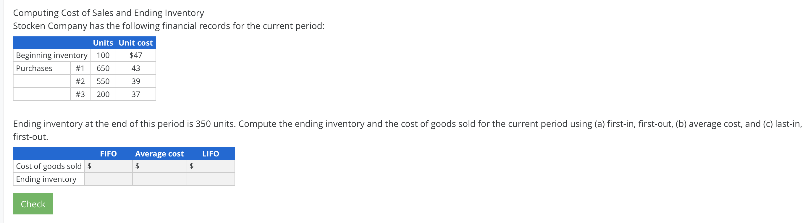 Solved Computing Cost of Sales and Ending Inventory Stocken | Chegg.com