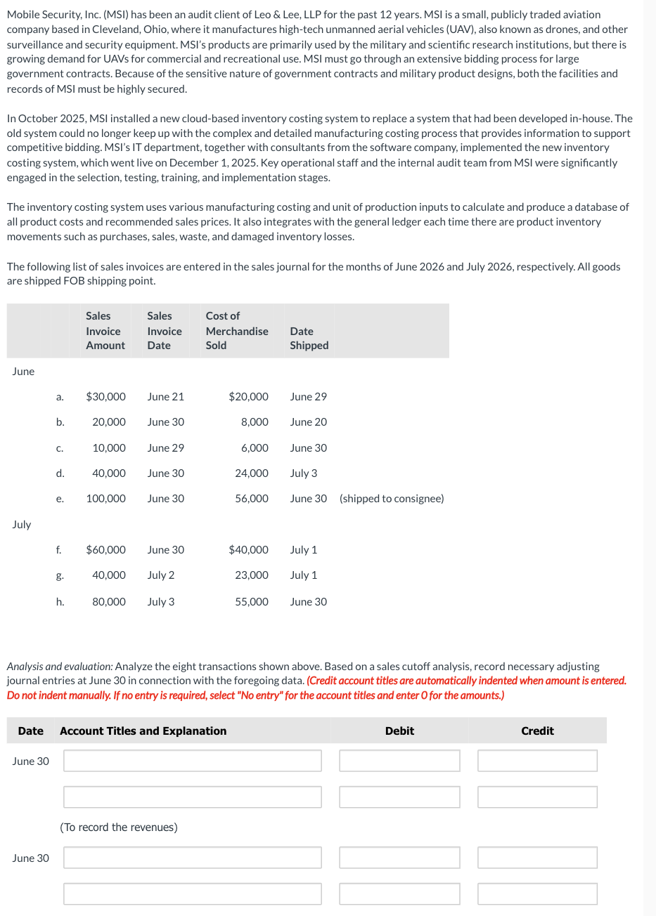 Solved Mobile Security, Inc. (MSI) has been an audit client | Chegg.com