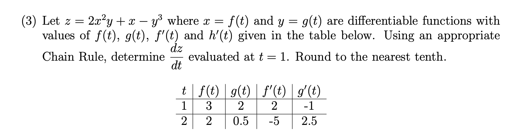 Solved (3) Let z=2x2y+x−y3 where x=f(t) and y=g(t) are | Chegg.com Solved (3) Let z=2x2y+x−y3 where x=f(t) and y=g(t) are | Chegg.com